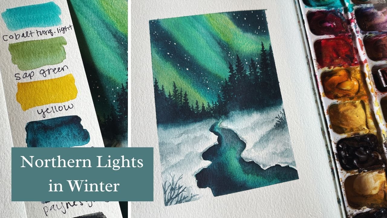 WATERCOLOR Northern Lights WINTER Landscape Tutorial | Reflective RIVER ...