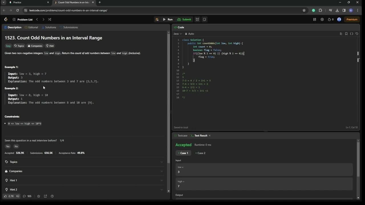 Leetcode - Count Odd Numbers in an Interval Range - Java - YouTube