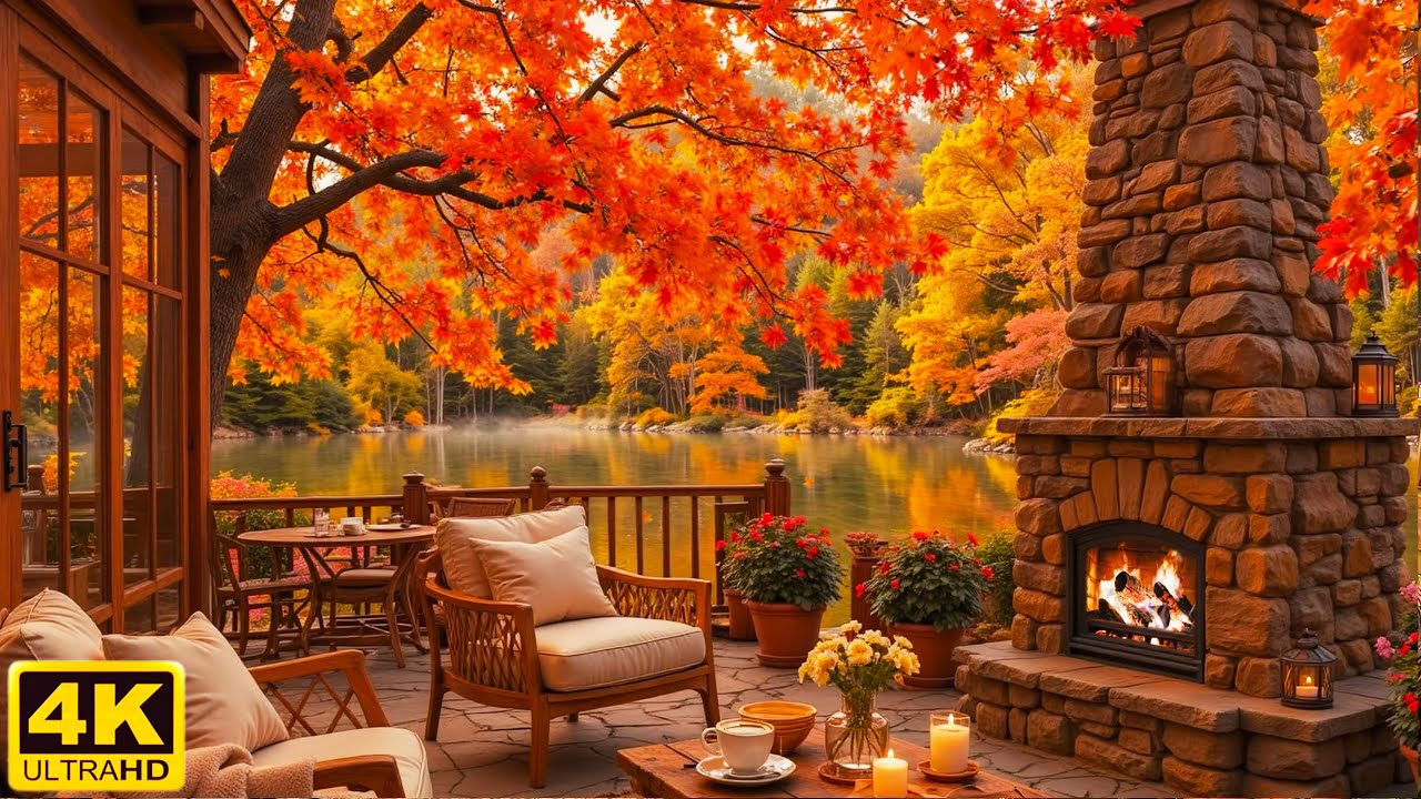 Relaxing Autumn Morning September Porch🍂 Piano Music with Fireplace ...