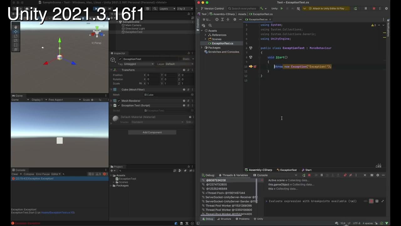 Rider Unity3D bug report - Debugger not breaking on unhandled exception. - YouTube