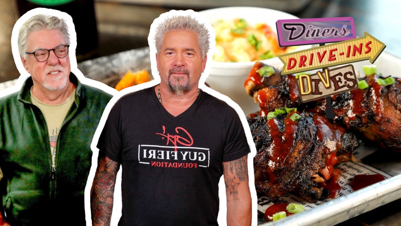 Guy Fieri Eats Caribbean Jerk Chicken with Bruce McGill | Diners, Drive ...
