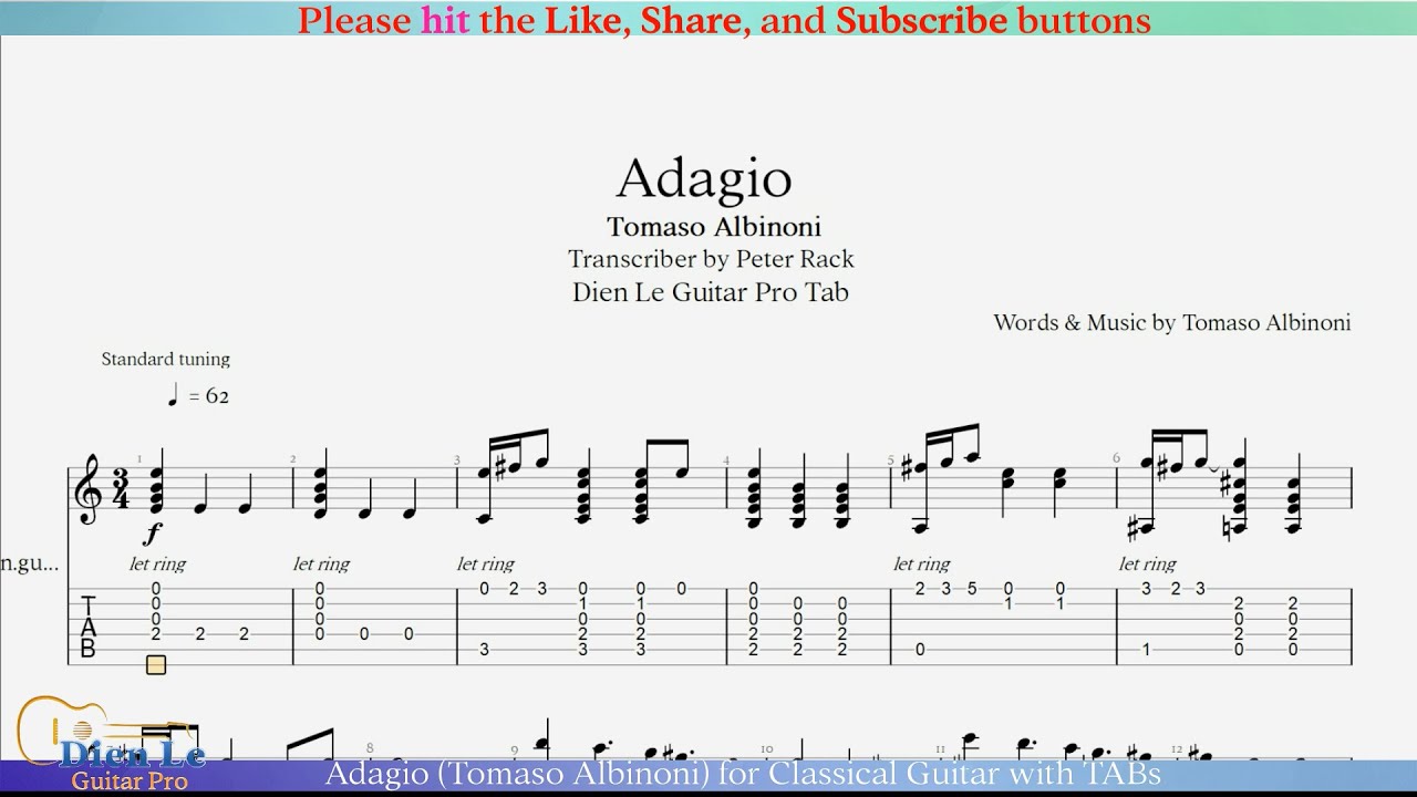 Adagio (Tomaso Albinoni) for Classical Guitar with TABs - YouTube