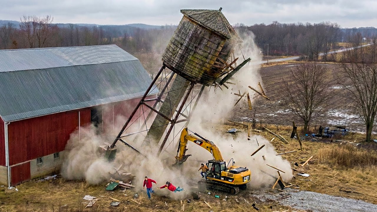 Demolition Idiots: Massive Silo & Water Tower Fall WRONG WAY ...