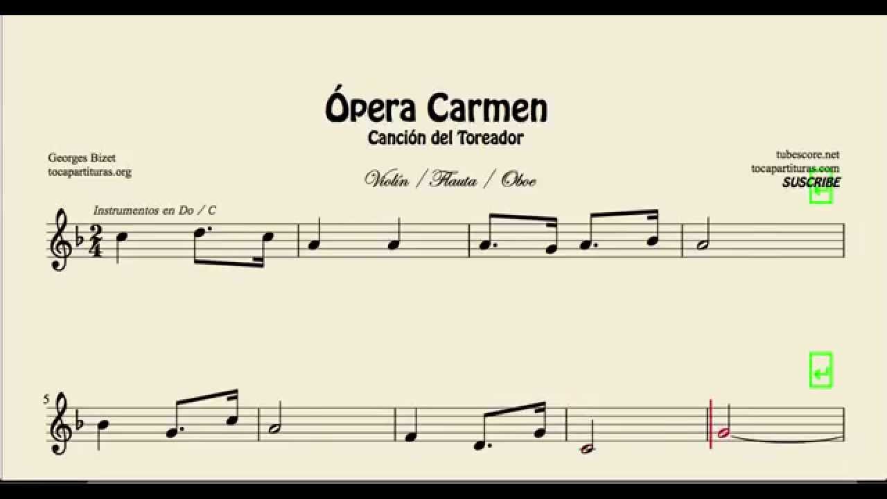 Ópera Carmen Partitura fácil de Violín Flauta y Oboe Canción del ...