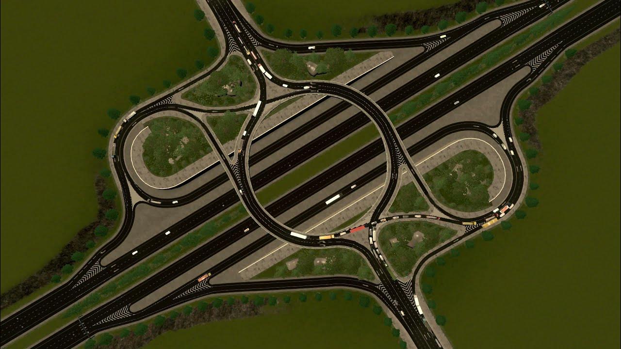 Single point partial cloverleaf with roundabout in Cities: Skylines - YouTube