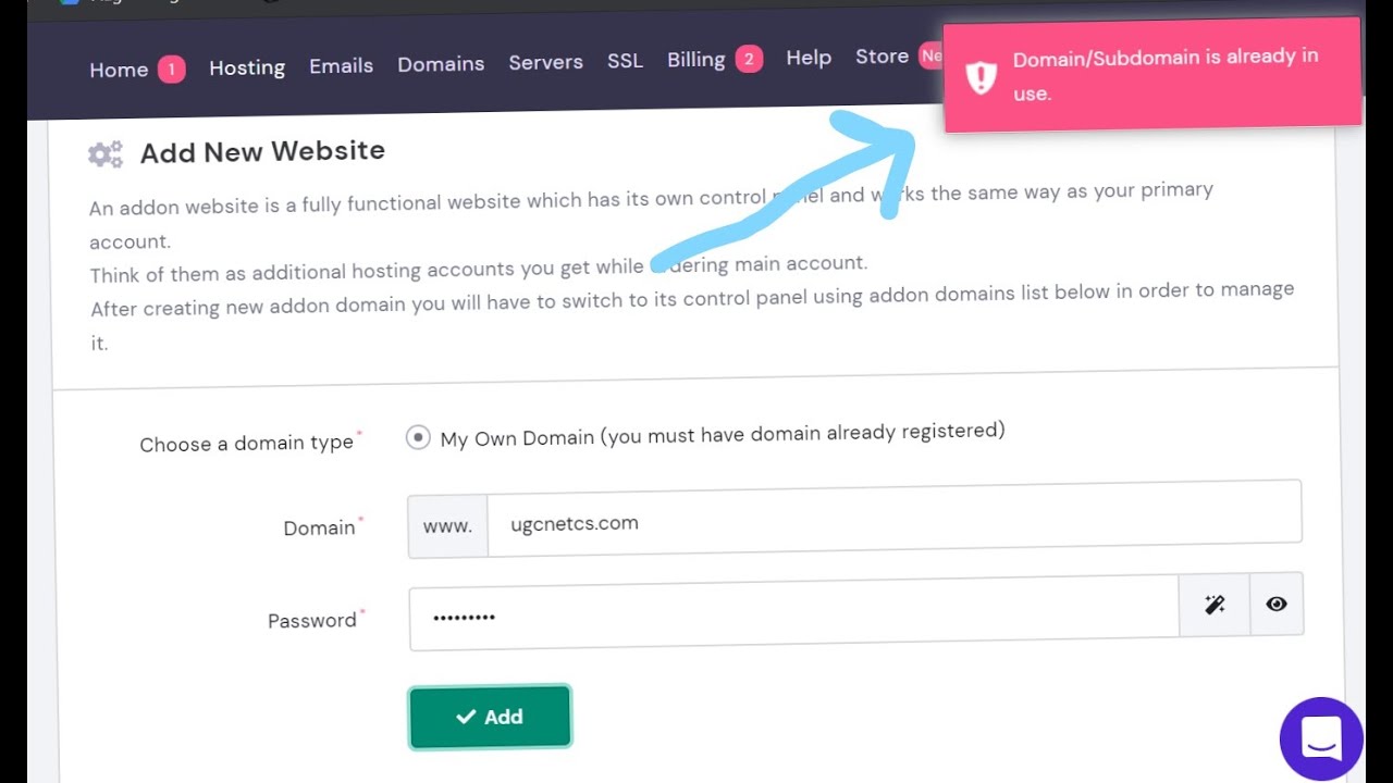 Domain/subdomain is already in use - hostinger | Add New Website ...