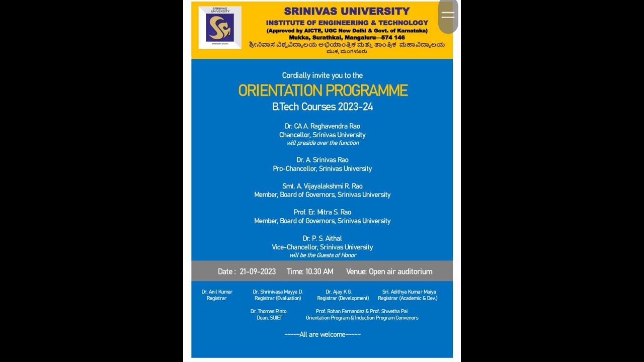 SRINIVAS UNIVERSITY B TECH ORIENTATION PROGRAMME 2023 MANGALORE YouTube srinivas-university-b-tech-orientation-programme-2023-mangalore-youtube