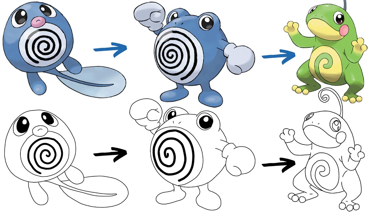 How To Draw POLIWAG POLIWHIRL and POLITOED POKEMON | Pokemon Evolution ...