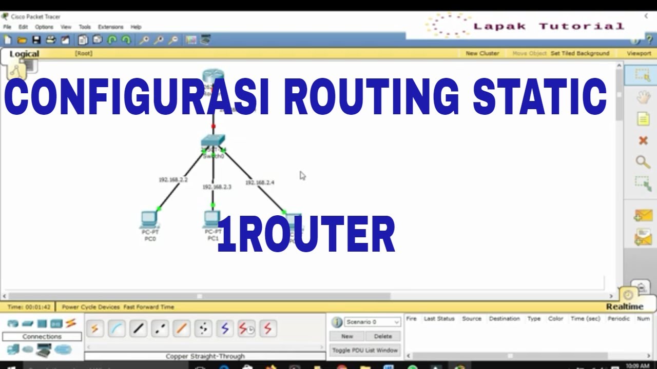[tuorial cisco] CARA CONFIGURASI ROUTING STATIC 1 ROUTER 1 SWITCH 3 PC ...
