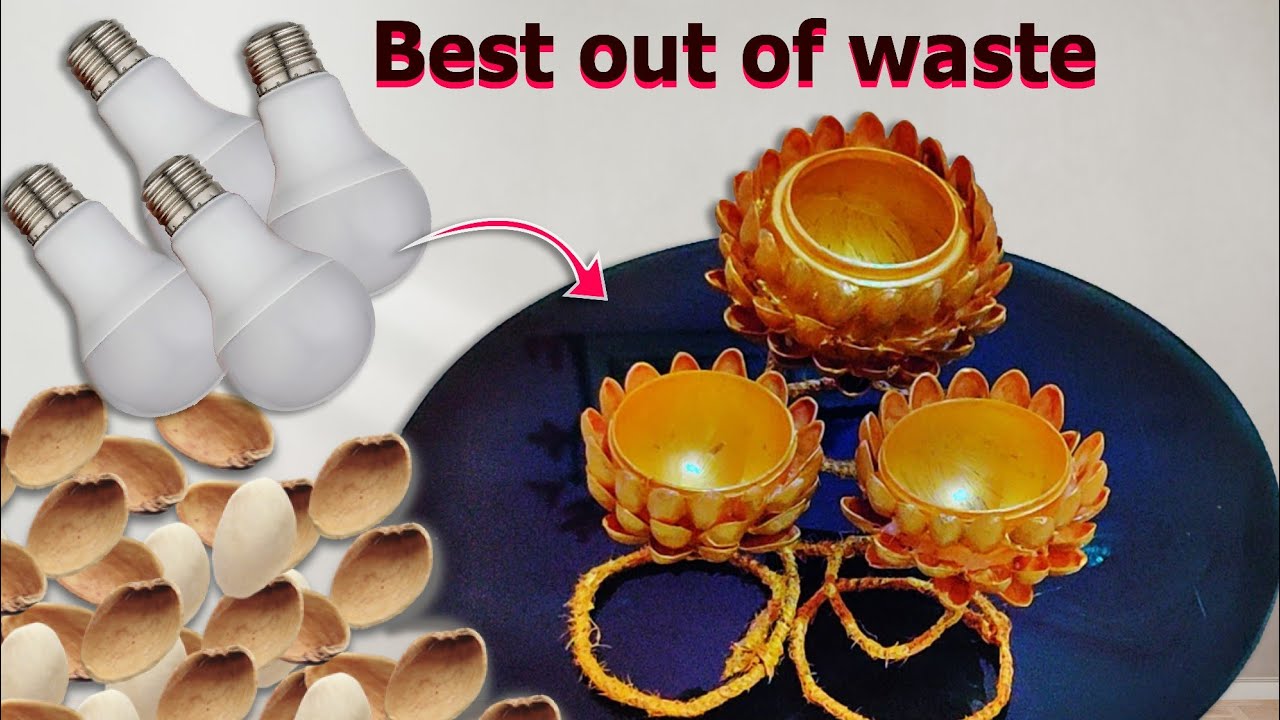 Made from fuse bulb | Diya decoration ideas | Pista shell crafts - YouTube