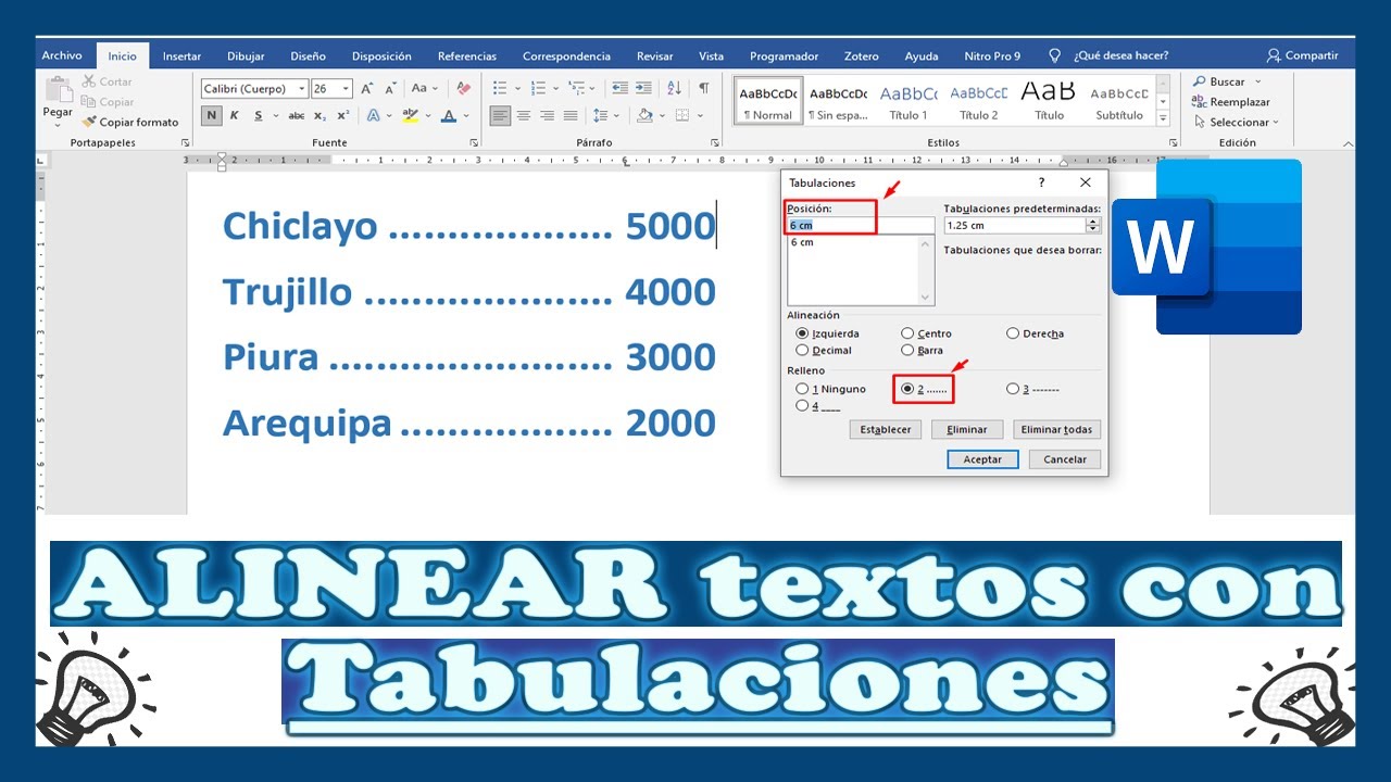 Como alinear un texto utilizando tabulaciones en Word - YouTube