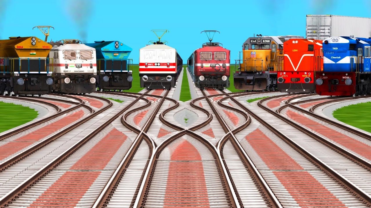 8 Realistic Fake Trains Crossing By Curved Branched Railroad Tracks ...