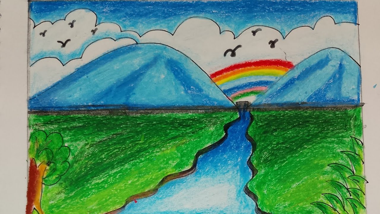 How to draw rainbow with mountain|drawing lake or river with hills|easy ...