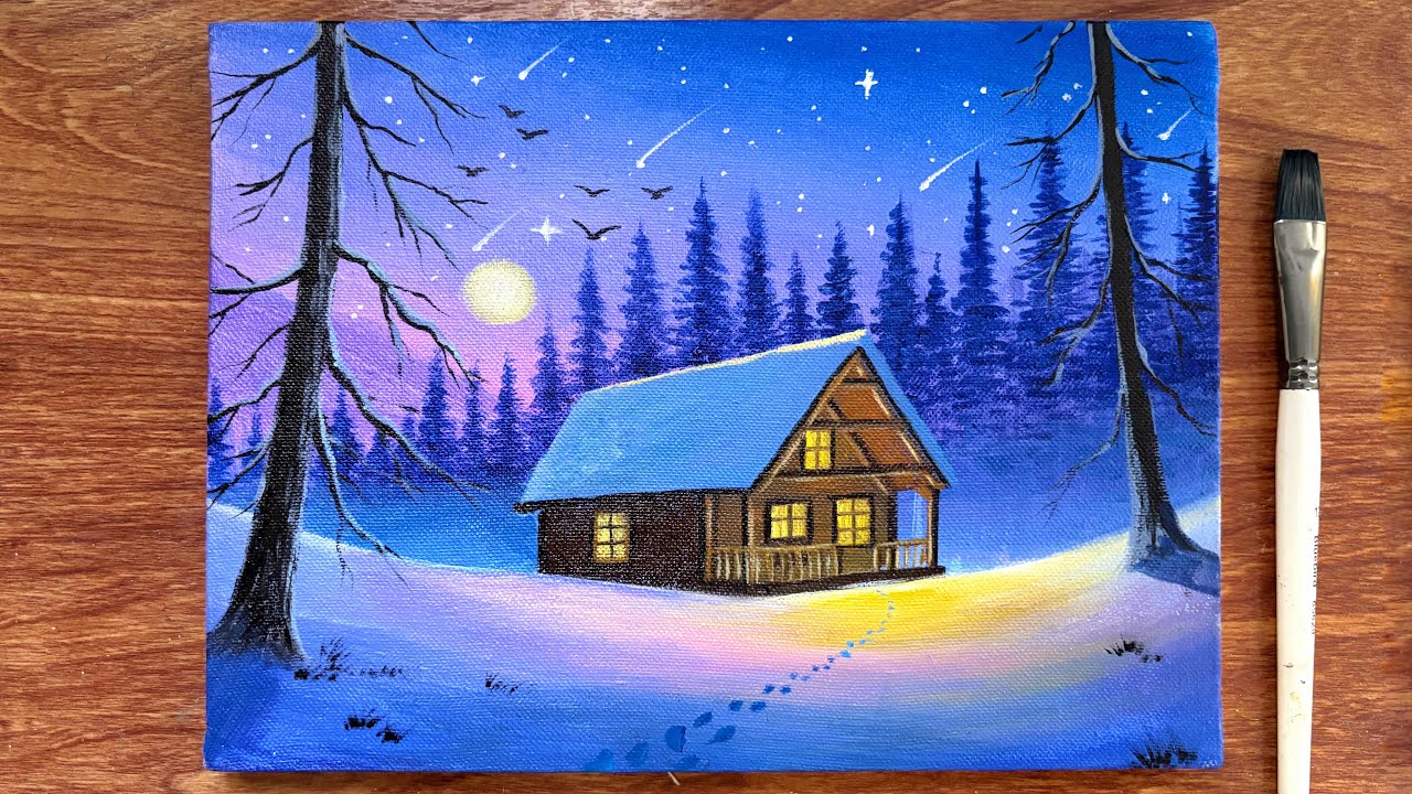 Snowy Night Landscape Painting for beginners | Acrylic Painting Winter ...