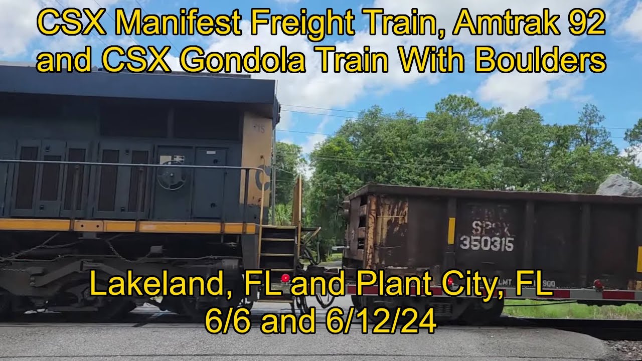 CSX Manifest Freight Train M453, Amtrak Silver Star 92 and CSX Gondola ...