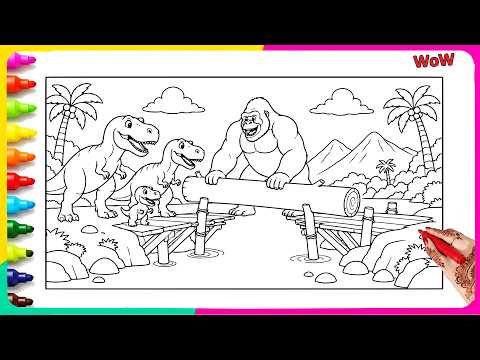Gorilla Helping T-rex FAMIY Moment Coloring Pages ✨Satisfying Coloring Book Pages - Speed Coloring