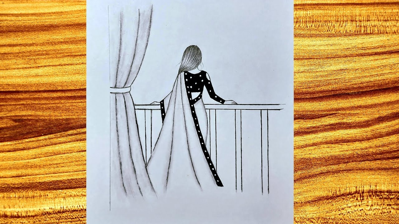How to draw A girl backside wear saree standing beside the balcony ...