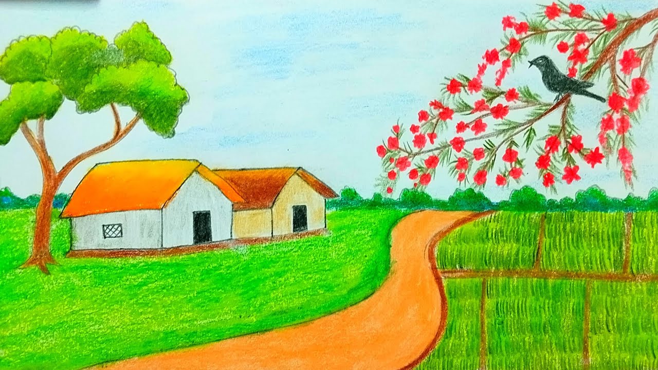 How to draw scenery of spring season with colour pencil / village ...