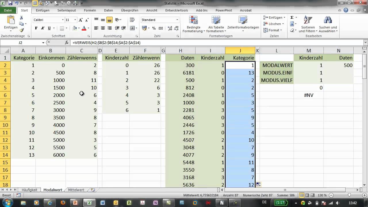 Excel - MODALWERT, MODUS.EINF und MODUS.VIELF - Statistikfunktionen ...