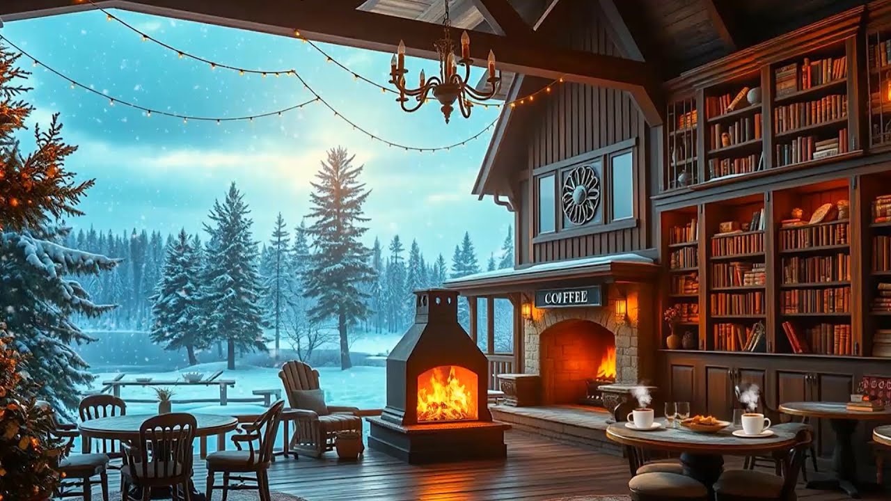 Cozy Winter Coffee Shop Ambience ~ Jazz Relaxing Music with Crackling ...