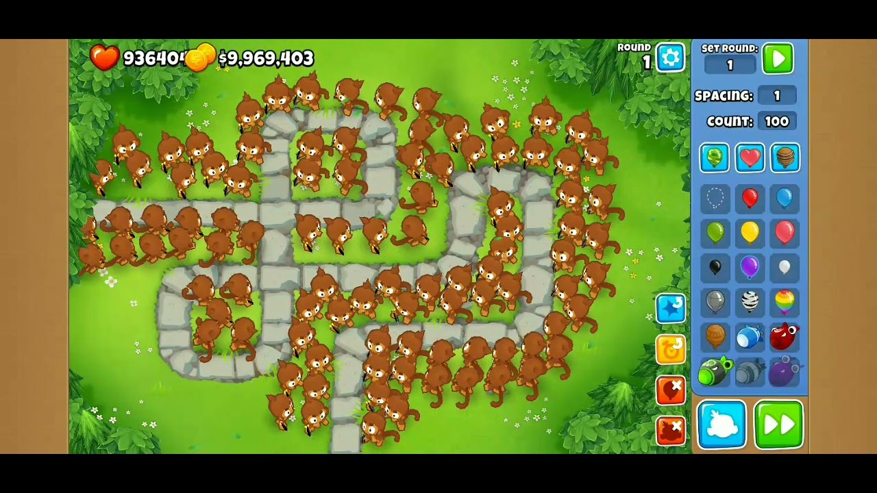 a bunch of dart monkeys VS 100 green ballons and purple balloons - YouTube