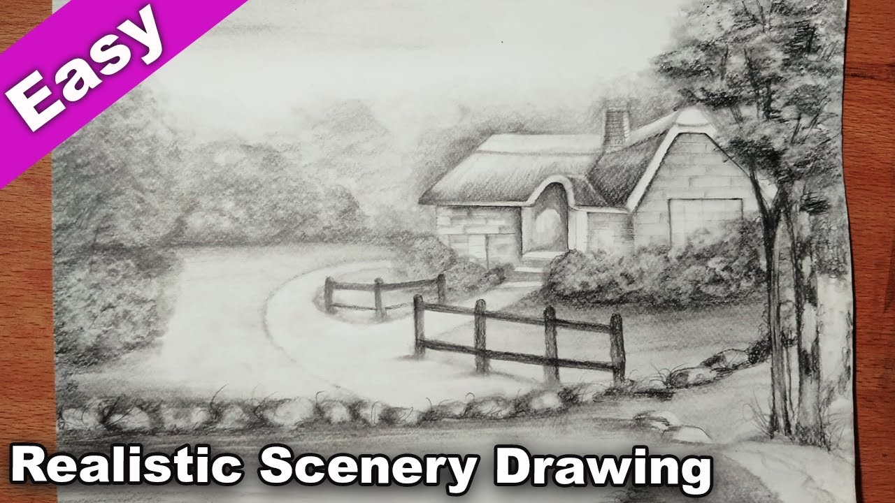 Realistic Scenery Drawing | Beautiful Home Scenery Drawing | How to ...