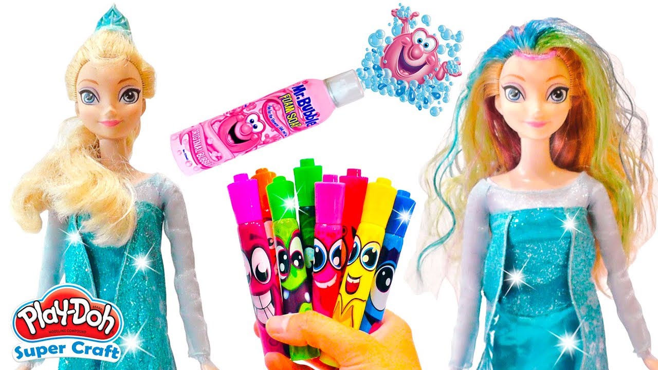 DIY Elsa Rainbow Hair Color with Markers Coloring Elsa Hair & Washing ...