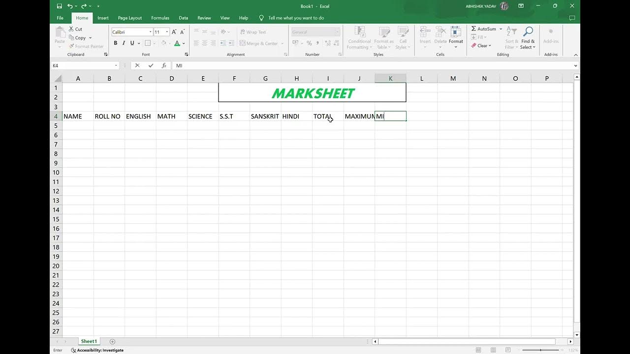 HOW TO MAKE MARKSHEET IN EXCEL IN THIS VIDEO ( PART-01 )#excel # ...