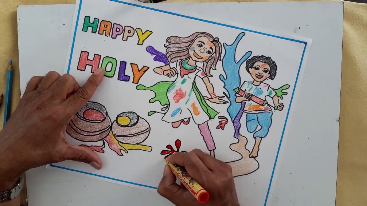Holi Drawing || Happy Holi Poster ||How to Draw Happy Holi Poster ...