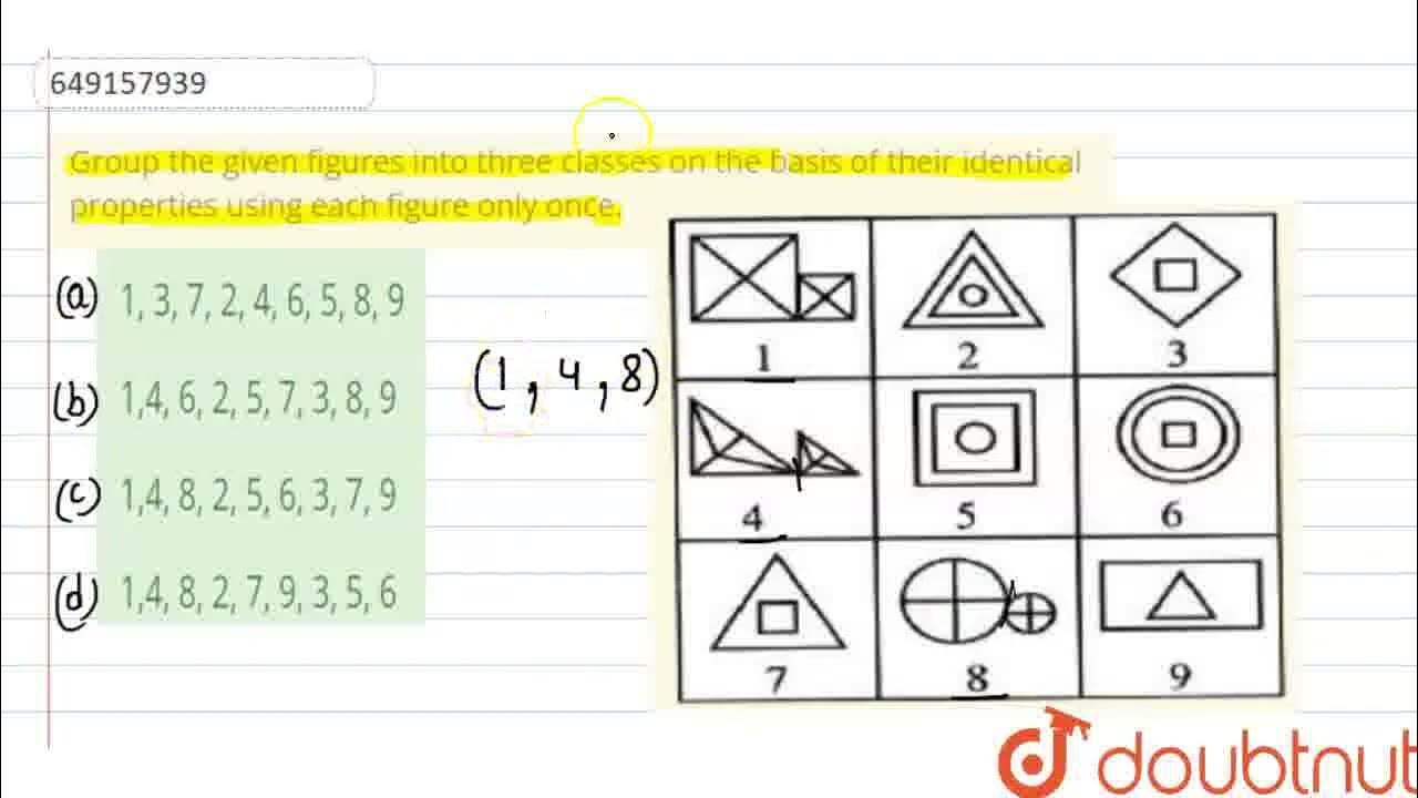 Group the given figures into three classes on the basis of their identical properties using each ...