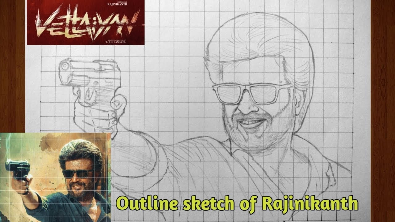 How to draw Rajinikanth // Grid method// outline sketch of Rajinikanth ...