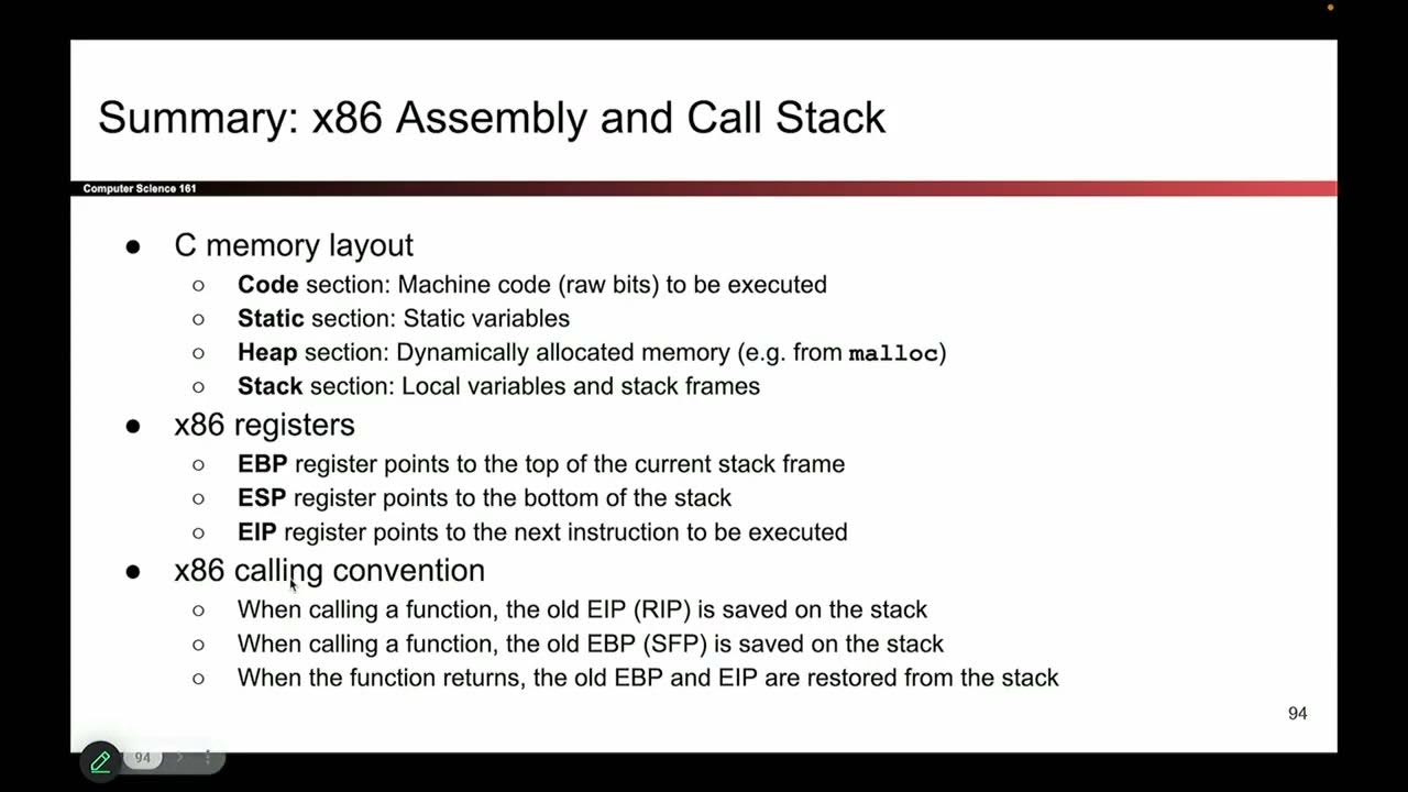 [MemSafety1, Video 11] x86 Assembly and Call Stack Summary - YouTube