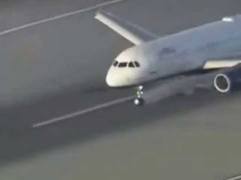 737 landing with nose wheel cocked 90 degrees -  Uçak Lastik yakma