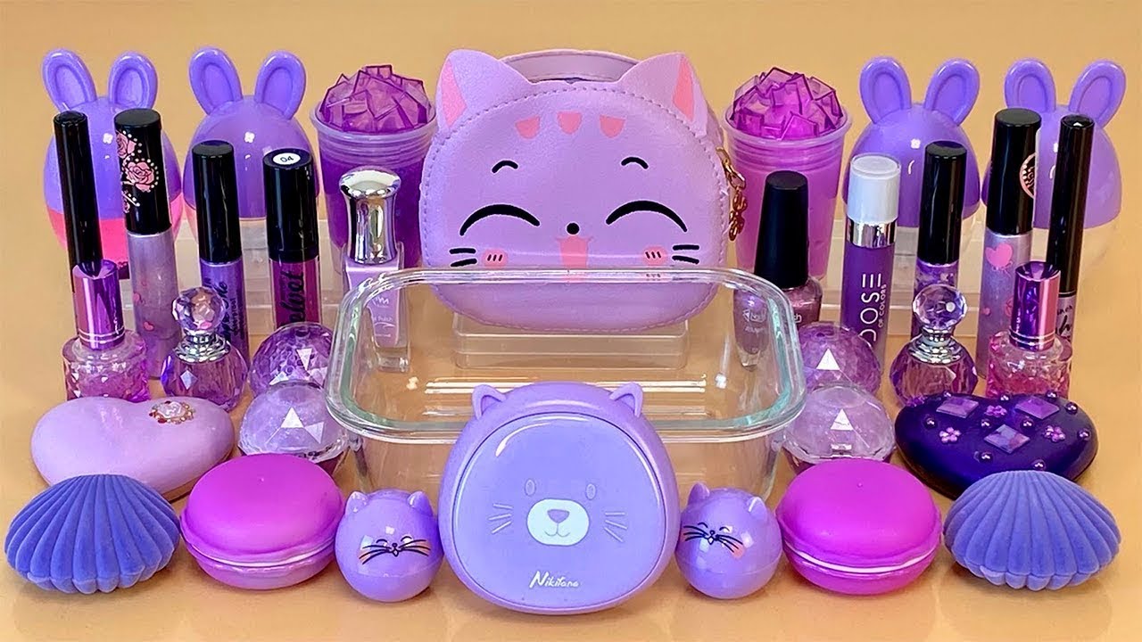 Purple SLIME | Mixing Makeup and Glitter into Clear Slime. Satisfying ...