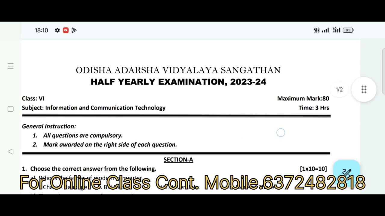 OAV Class-6 Sub-ICT (Computer)/ Half Yearly Exam Question Paper/Odisha ...