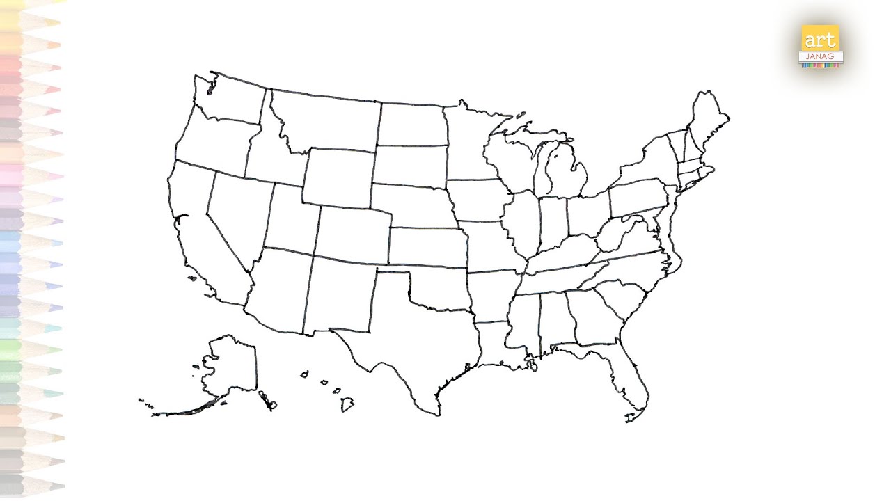 USA Map outline drawing | Map drawing tutorials | How to draw USA Map ...