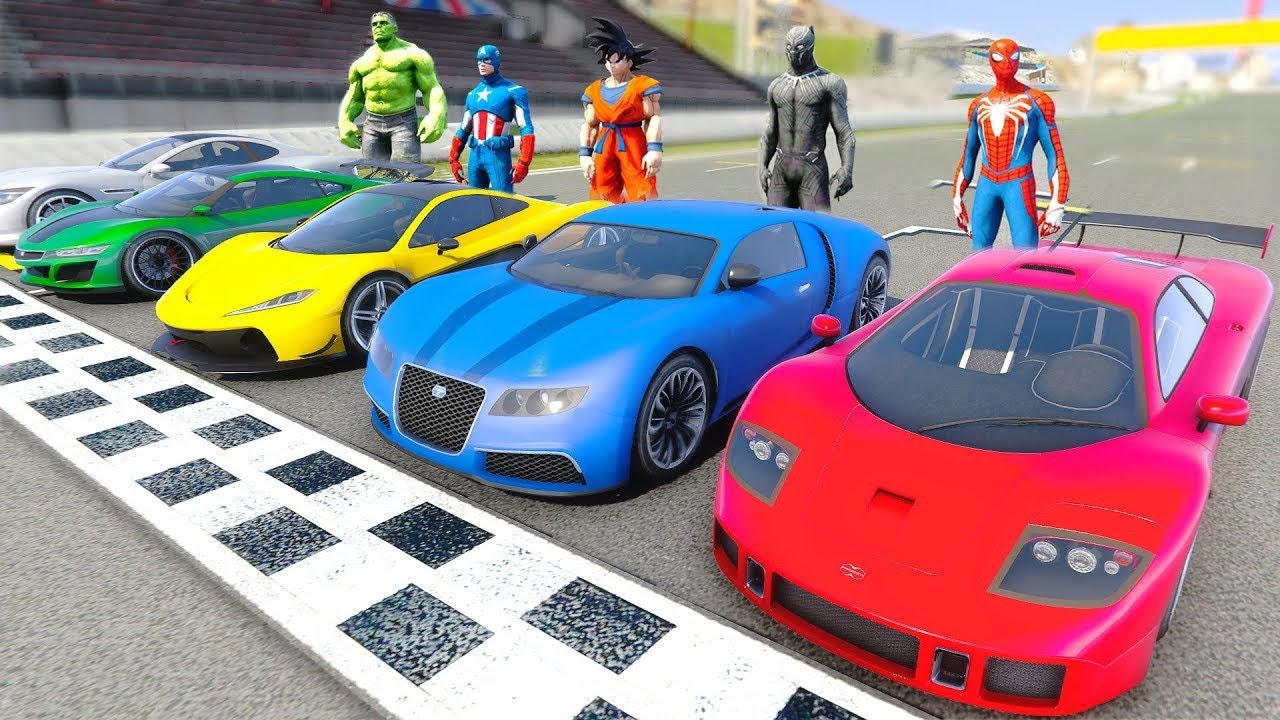 SUPERHERO CARS Race on RIVER Ramp Challenge ! SPIDERMAN HULK Goku TANK ...