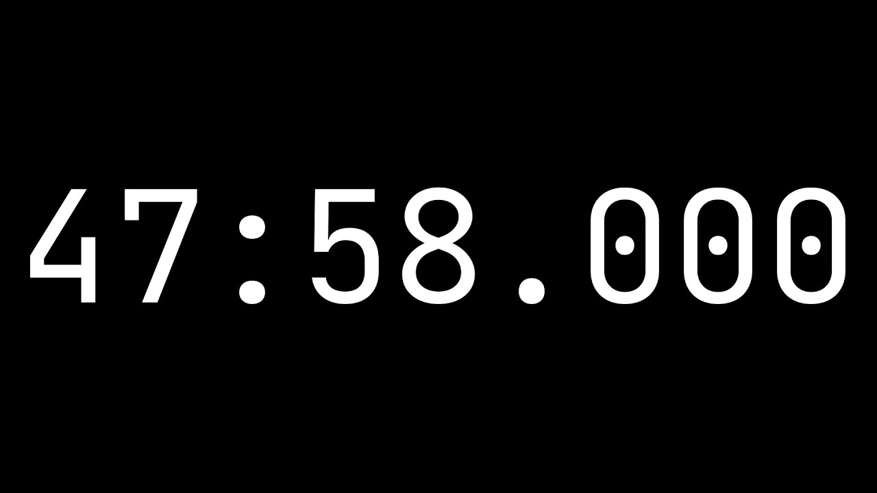 Countdown timer 47 minutes, 58 seconds [47:58.000] - White on black ...