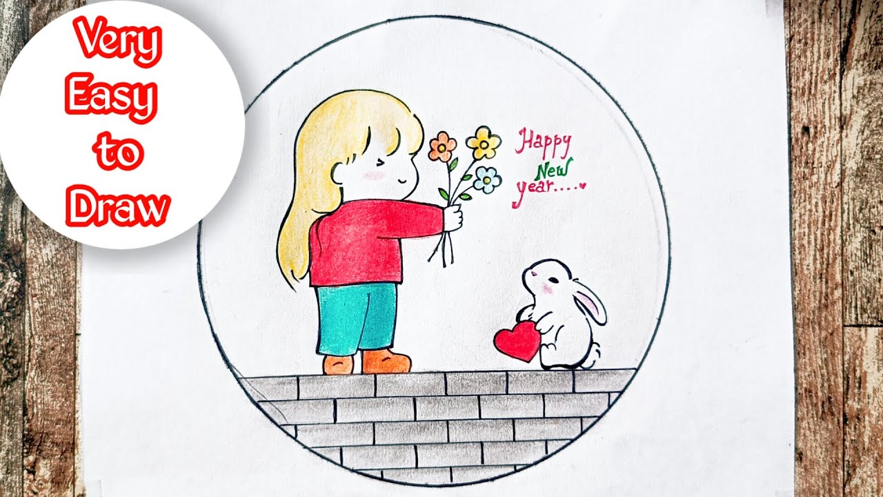 New Year Simple Drawing | Girl With Rabbit | Step by Step Drawing | new ...