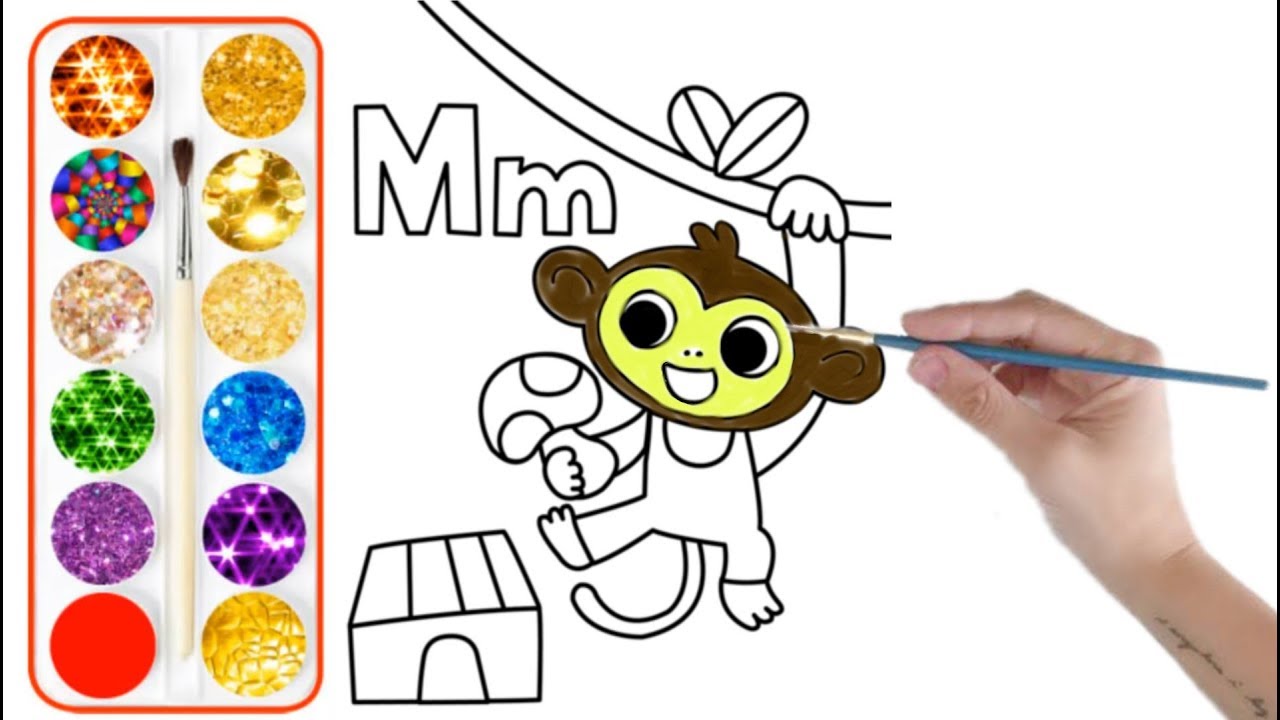Monkey Drowning and colouring for kids - M For Monkey in drawing book ...