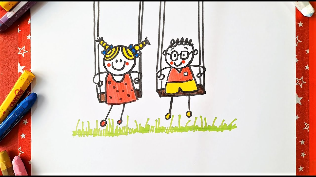 How To Draw Sibling? Draw Playing Swing Step By Step - YouTube