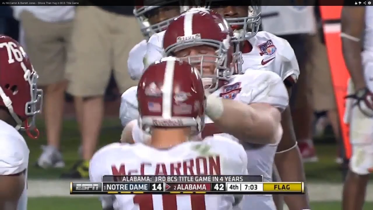 AJ McCarron & Barrett Jones - Shove Then Hug in BCS Title Game - YouTube