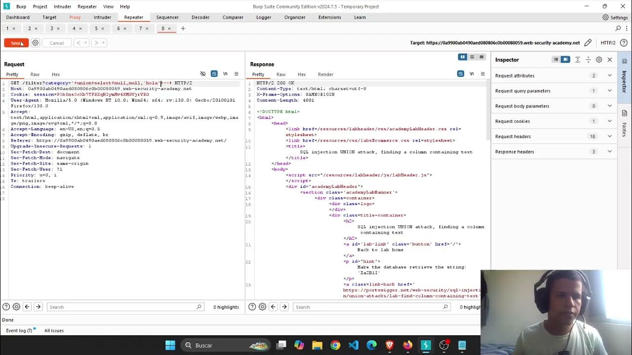 Laboratorio 4: SQL injection UNION attack, finding a column containing text - YouTube