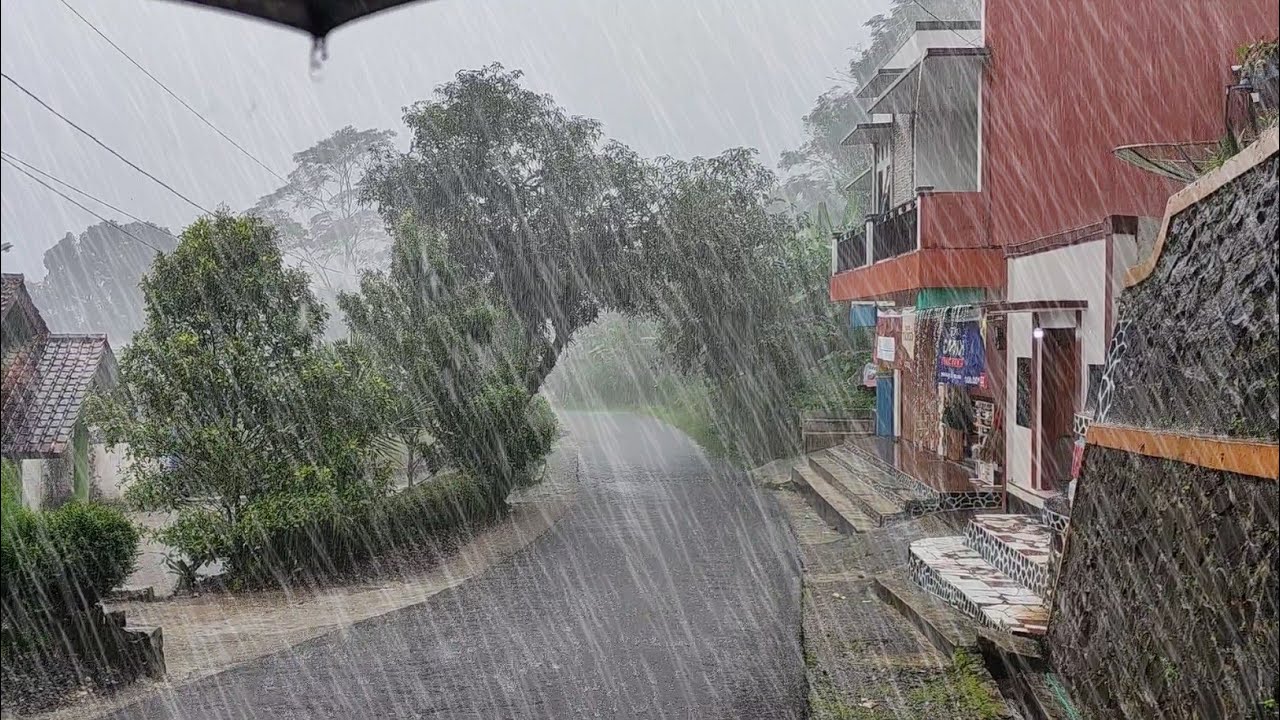 Walking in the super extreme heavy rain and thunder, super heavy rain ...