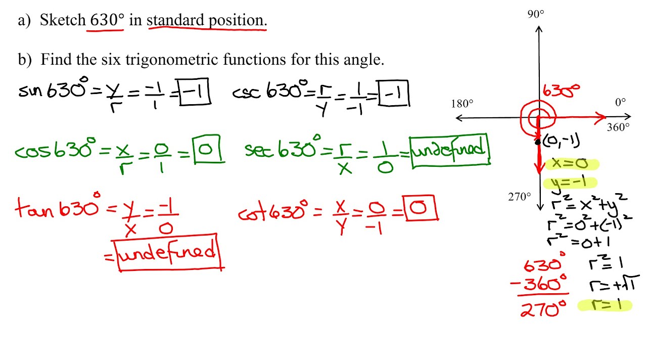 Draw 630 Degrees a Quadrantal Angle In Standard Position Find Six