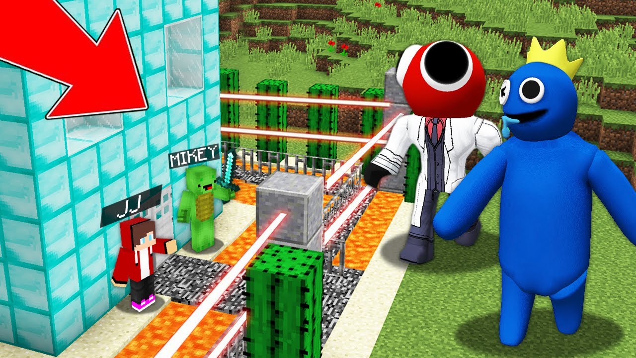 Mikey and JJ RED and BLUE RAINBOW FRIENDS vs Security House Minecraft gameplay (Maizen Parody ...