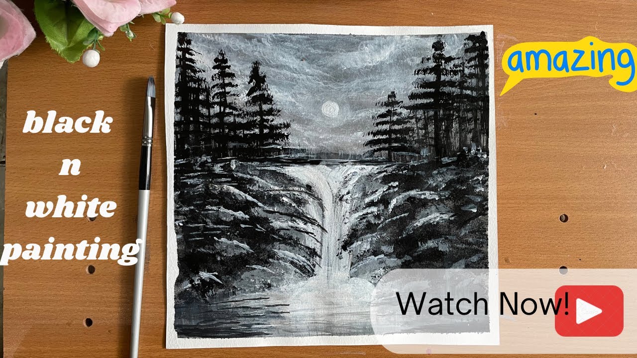 Easy waterfall landscape painting tutorial / black and white painting ...