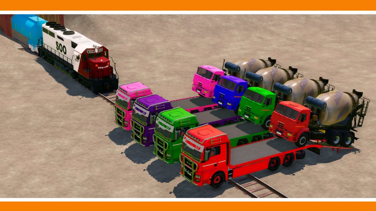 Trucks VS Train - Transporting Colorful Truck With Flatbed Trailer ...