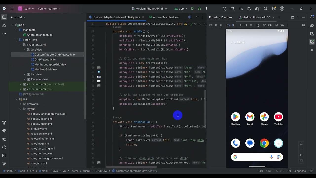 custom Adapter của ListView, custom adapter GridView và RecycleView ...