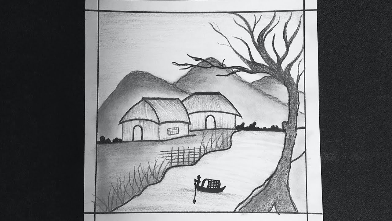 Riverside Scenery Drawing // Easy And Simple Scenery Drawing - YouTube